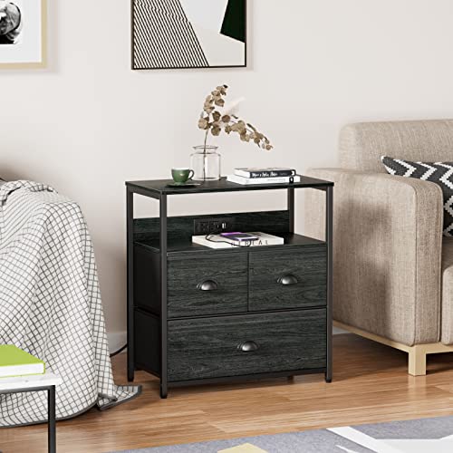 Furnulem Nightstand with Charging Station, Wide Bedside Tables with USB Ports & Power Outlets, 3 Drawer Side Table with Storage Shelf for Bedroom, Living Room, End Table, Black Oak