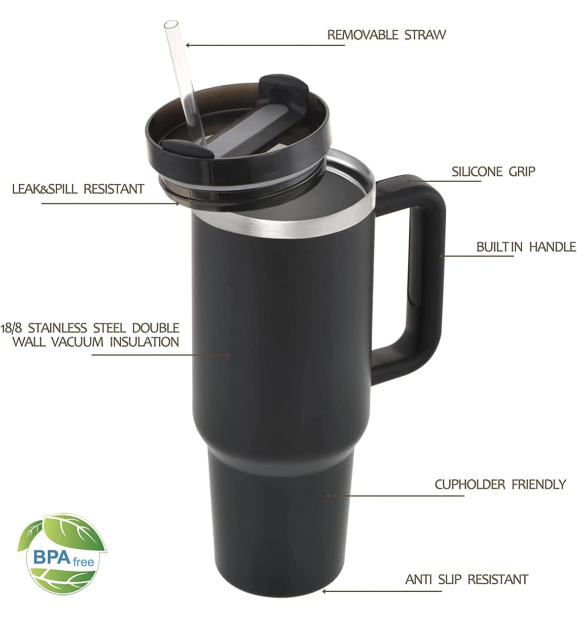 Budget Friendly Quencher Stainless Steel Reusable Vacuum Insulated 40 oz Tumbler with Leak Resistant Lid, Handle and Straw for Water, Iced Tea or Coffee… (Rose Quartz)