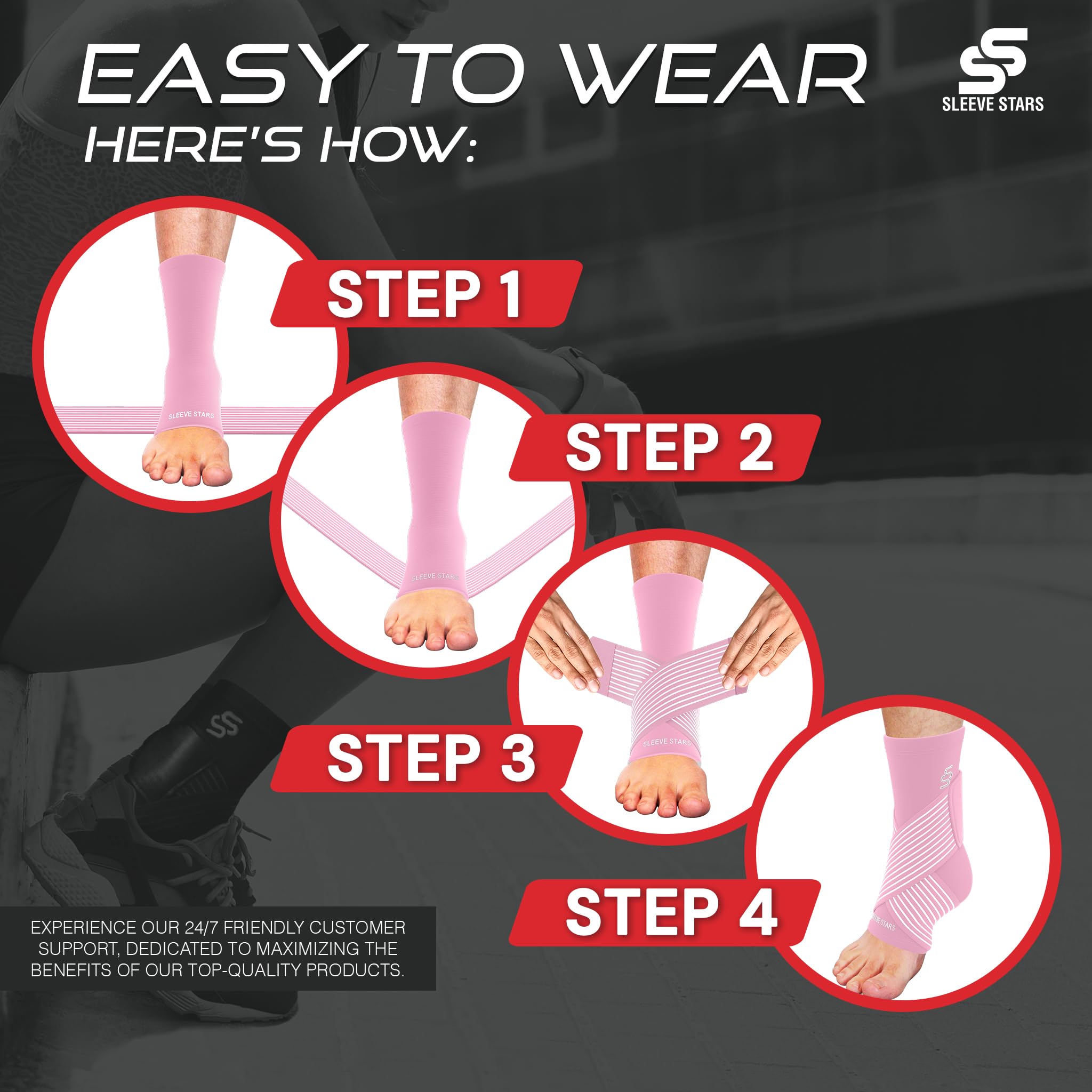 Sleeve Stars Ankle Brace for Sprained Ankle, Plantar Fasciitis Relief Ankle Support for Men and Women, Ankle Compression Sleeve w/ Strap (Single/Baby Pink)
