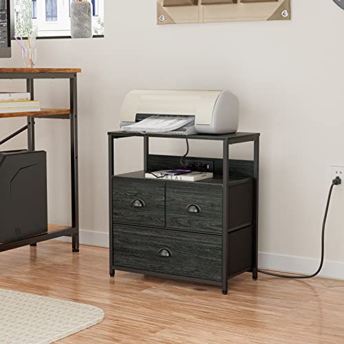 Furnulem Nightstand with Charging Station, Wide Bedside Tables with USB Ports & Power Outlets, 3 Drawer Side Table with Storage Shelf for Bedroom, Living Room, End Table, Black Oak