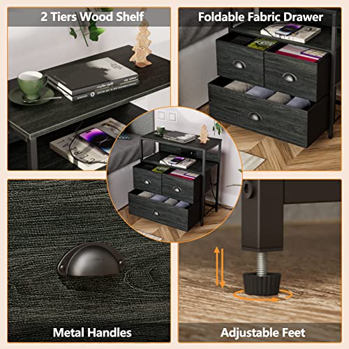 Furnulem Nightstand with Charging Station, Wide Bedside Tables with USB Ports & Power Outlets, 3 Drawer Side Table with Storage Shelf for Bedroom, Living Room, End Table, Black Oak