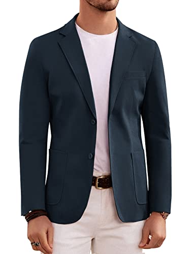 Lightweight Blazer for Men Casual Two Button Suit Jacket Performance Regular Fit Striped Lining Sport Coat Dark Blue
