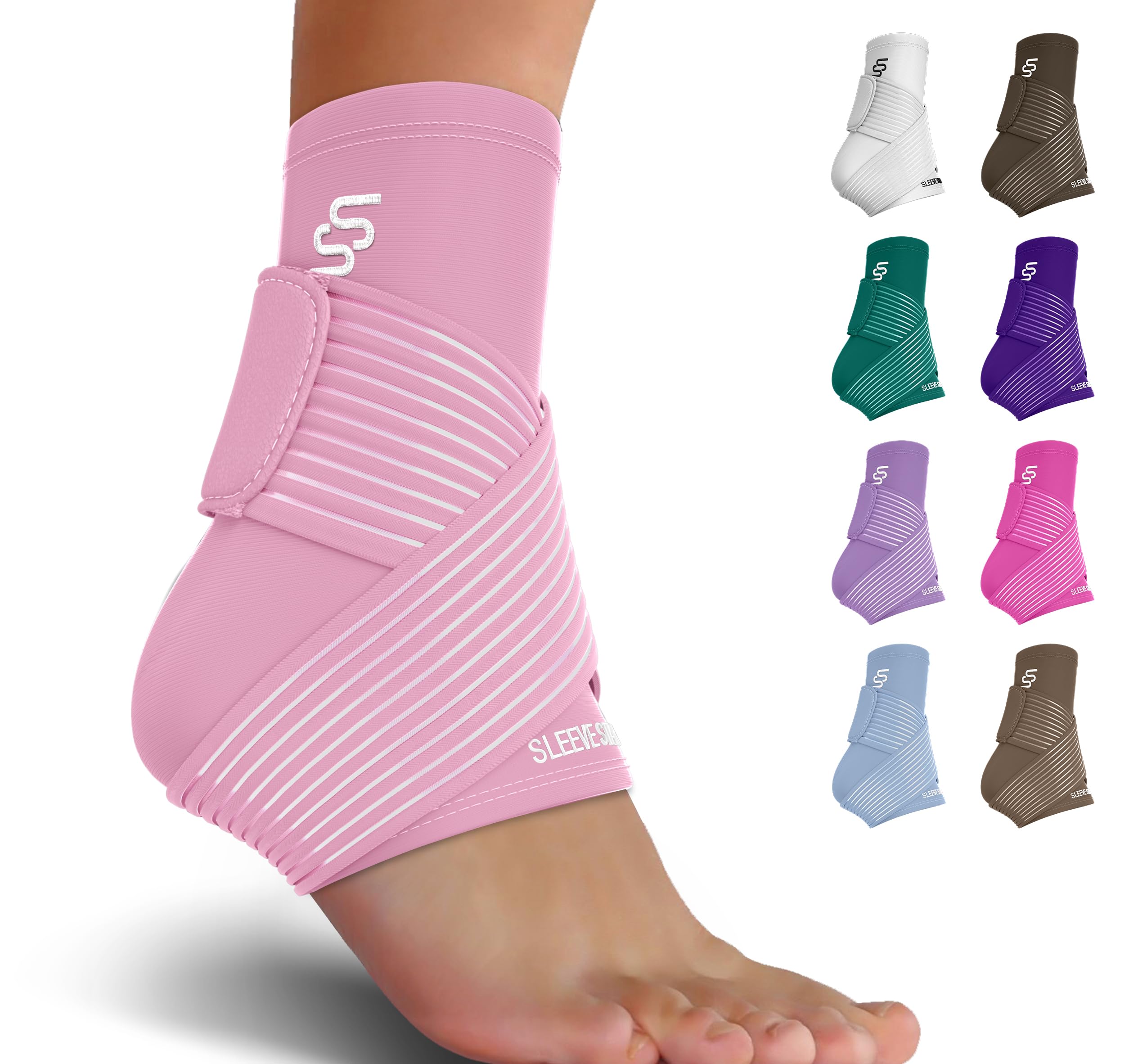 Sleeve Stars Ankle Brace for Sprained Ankle, Plantar Fasciitis Relief Ankle Support for Men and Women, Ankle Compression Sleeve w/ Strap (Single/Baby Pink)