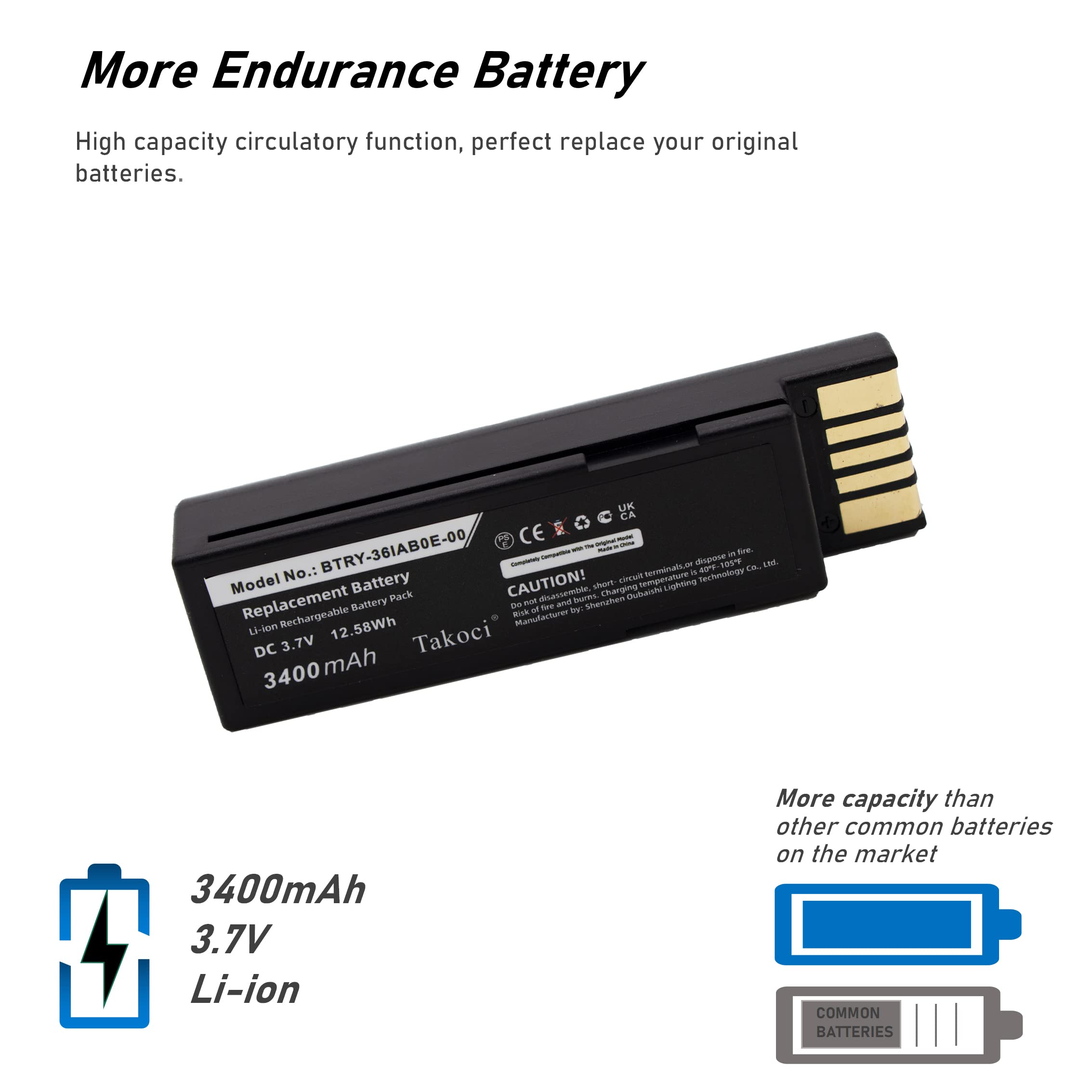 TAKOCI Replacement Battery for Zebra DS3600 82-166537-01 DS3678 LI3600 EVM LS3600 LI3678 LS3678 BTRY-36IAB0E-00 3400mAh