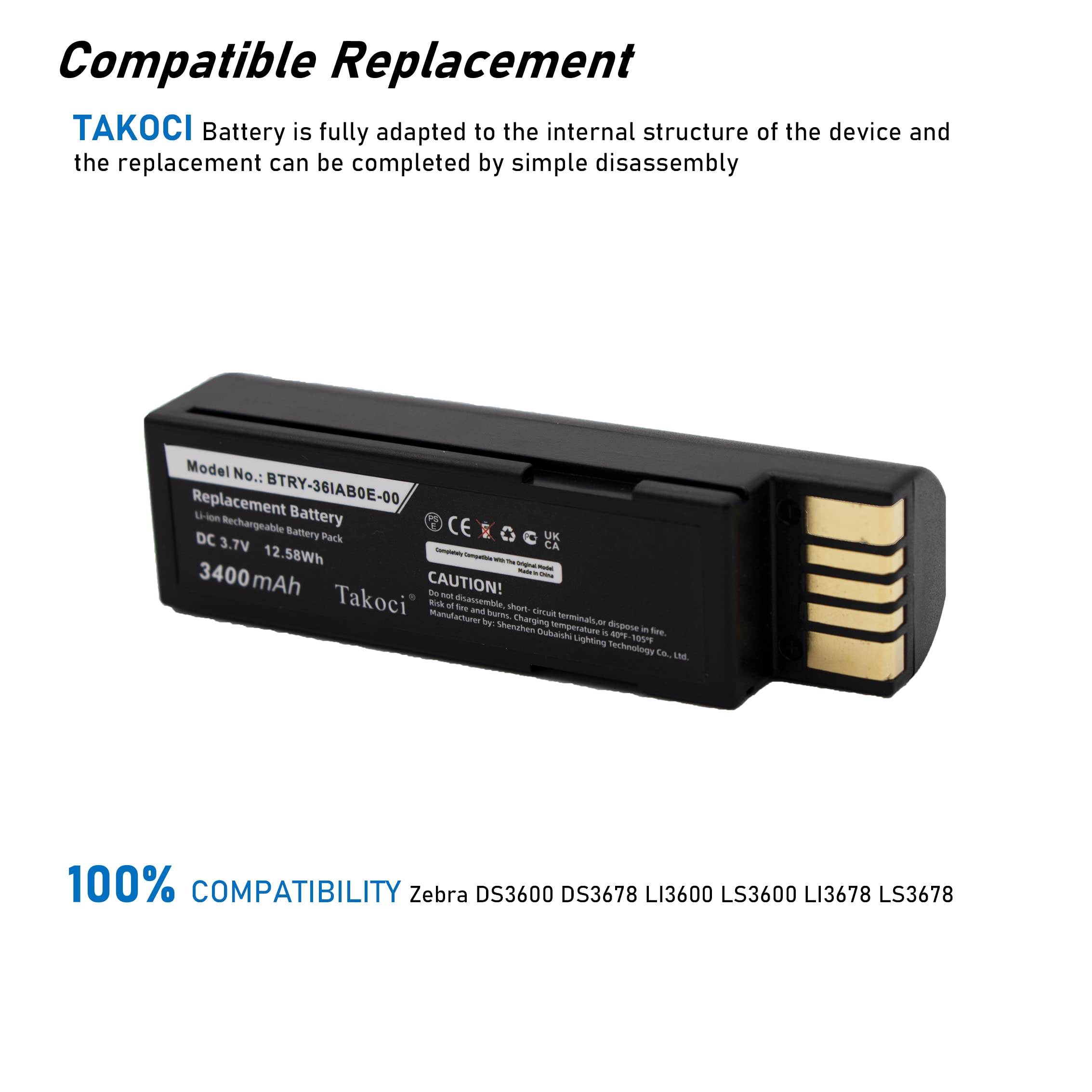 TAKOCI Replacement Battery for Zebra DS3600 82-166537-01 DS3678 LI3600 EVM LS3600 LI3678 LS3678 BTRY-36IAB0E-00 3400mAh