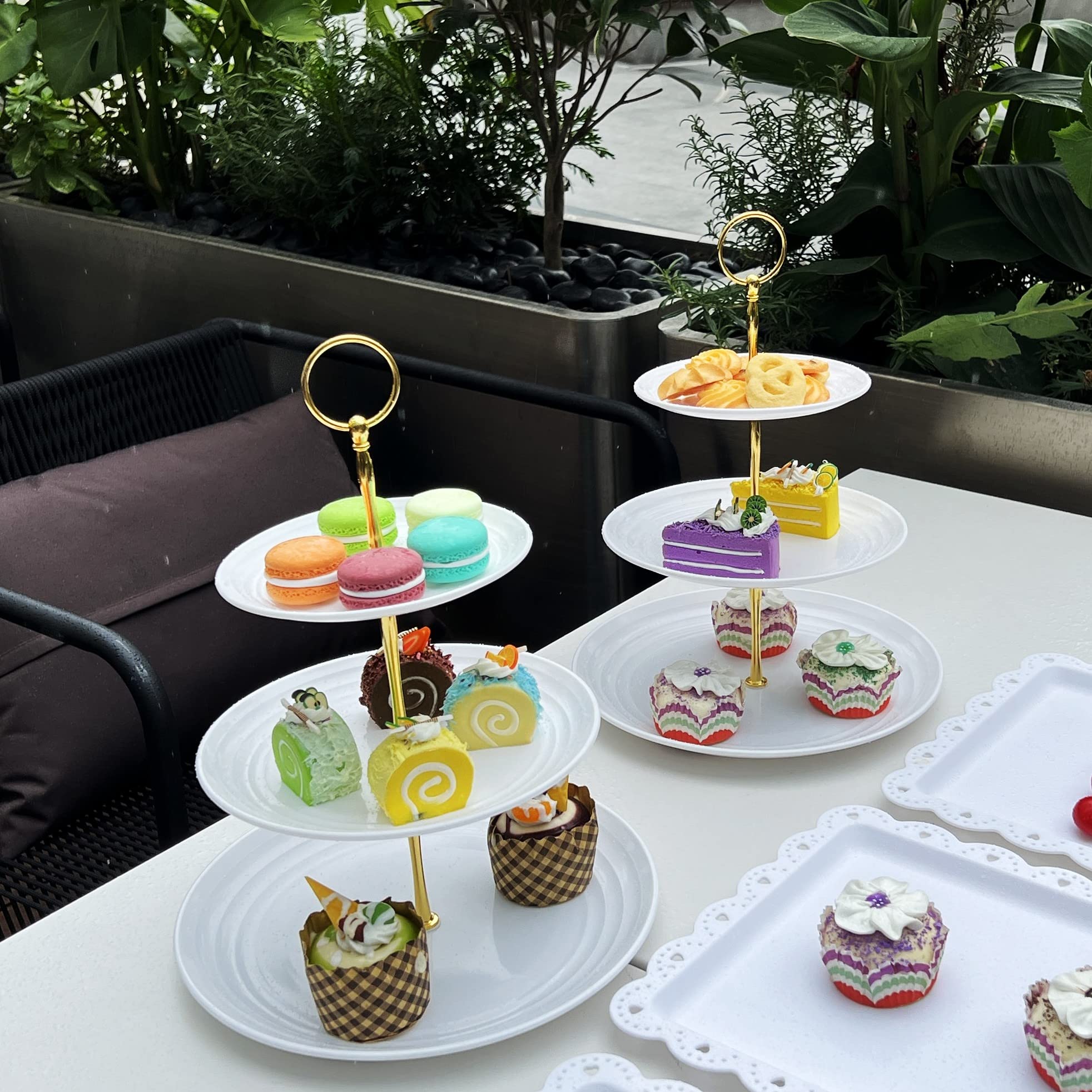 RAUVOLFIA 2 Pack Small Dessert Cupcake Stand, 3 Tier Cup Cake Holder Tower for Tea Party/Birthday/Wedding, Plastic Tiered Serving Tray (Gold Metal Rod)