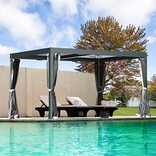 Domi Outdoor Living 12’ x 16’ Louvered Pergola with Adjustable Rainproof Roof, Outdoor Aluminum Frame Hardtop Gazebo for Backyard, Garden and Lawn w/Netting (Dark Gray)