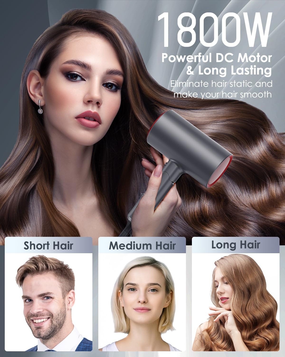 1800W Professional Blow Dryer with Ions, Fast Drying, Portable Hair Dryer for Travel with Diffuser and Concentrator, Low Noise for Men and Women