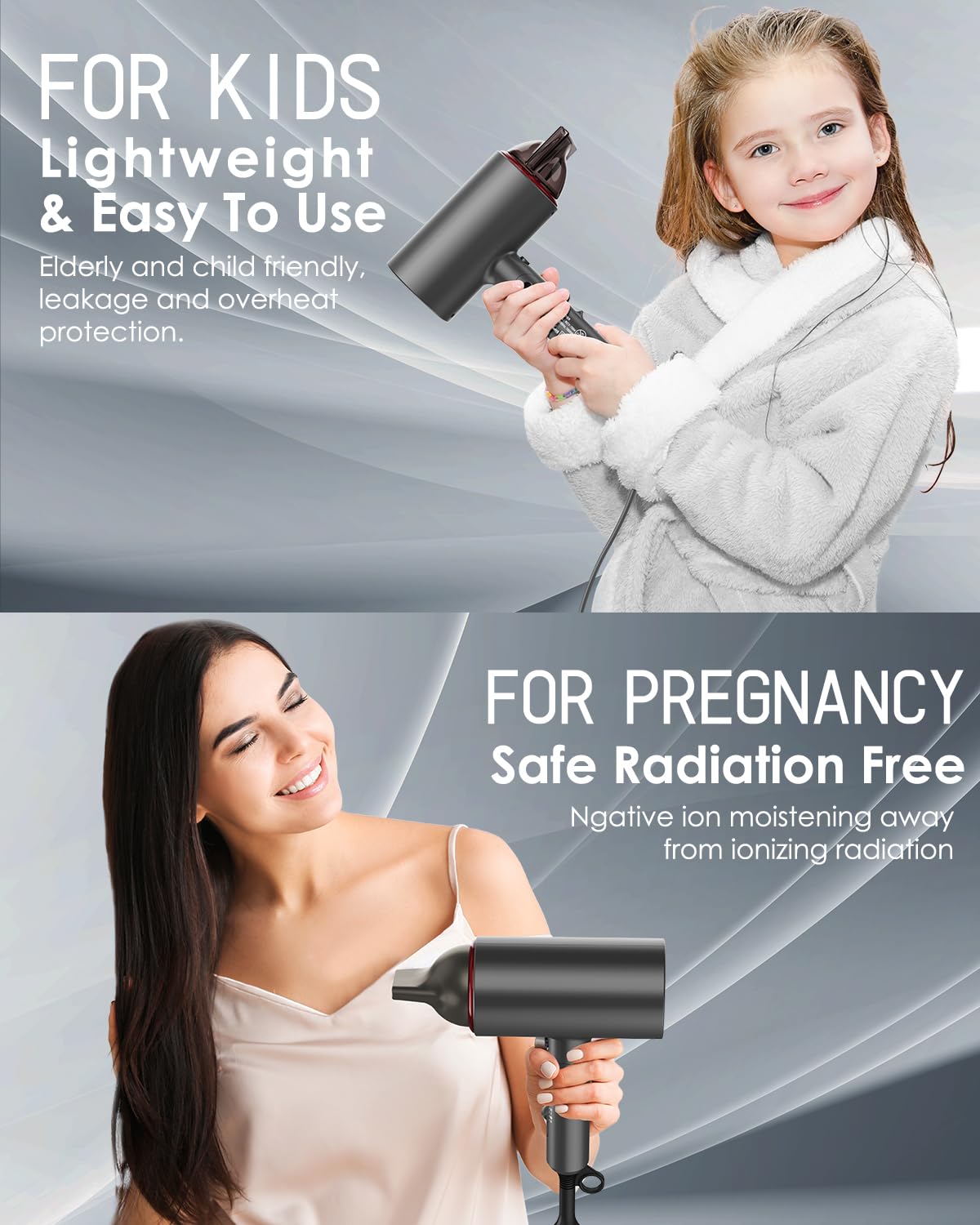 1800W Professional Blow Dryer with Ions, Fast Drying, Portable Hair Dryer for Travel with Diffuser and Concentrator, Low Noise for Men and Women