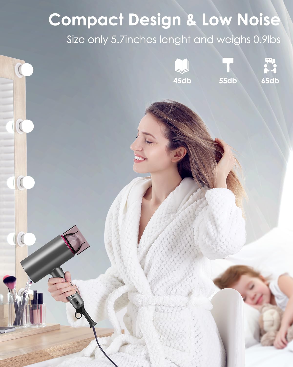 1800W Professional Blow Dryer with Ions, Fast Drying, Portable Hair Dryer for Travel with Diffuser and Concentrator, Low Noise for Men and Women