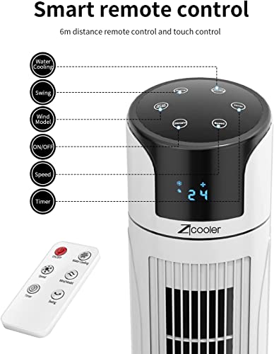 Evaporative Air Cooler, 45" Tower Fans that Blow Cold Air Cooling Fan with 90° Oscillating, Touch and Remote Control, 3 Mode / 3 Speeds, 5L Water Tank, 15H Timer, 2 Ice Boxes Fan for Bed Room Office