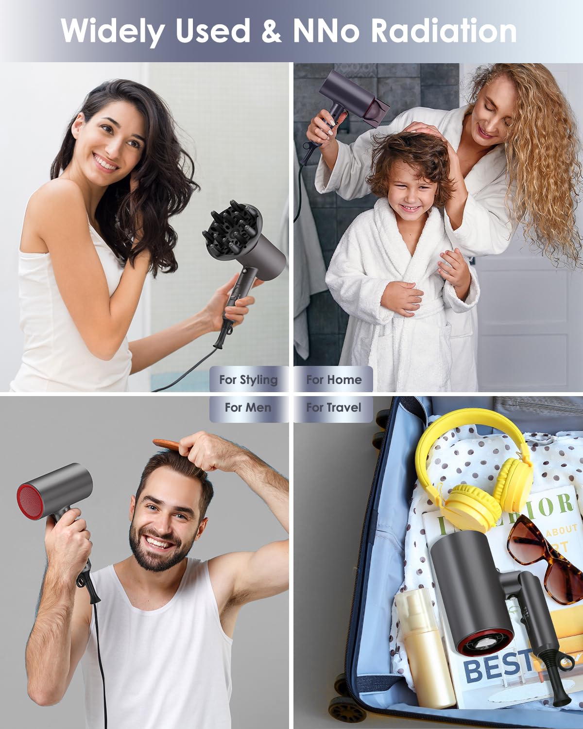1800W Professional Blow Dryer with Ions, Fast Drying, Portable Hair Dryer for Travel with Diffuser and Concentrator, Low Noise for Men and Women