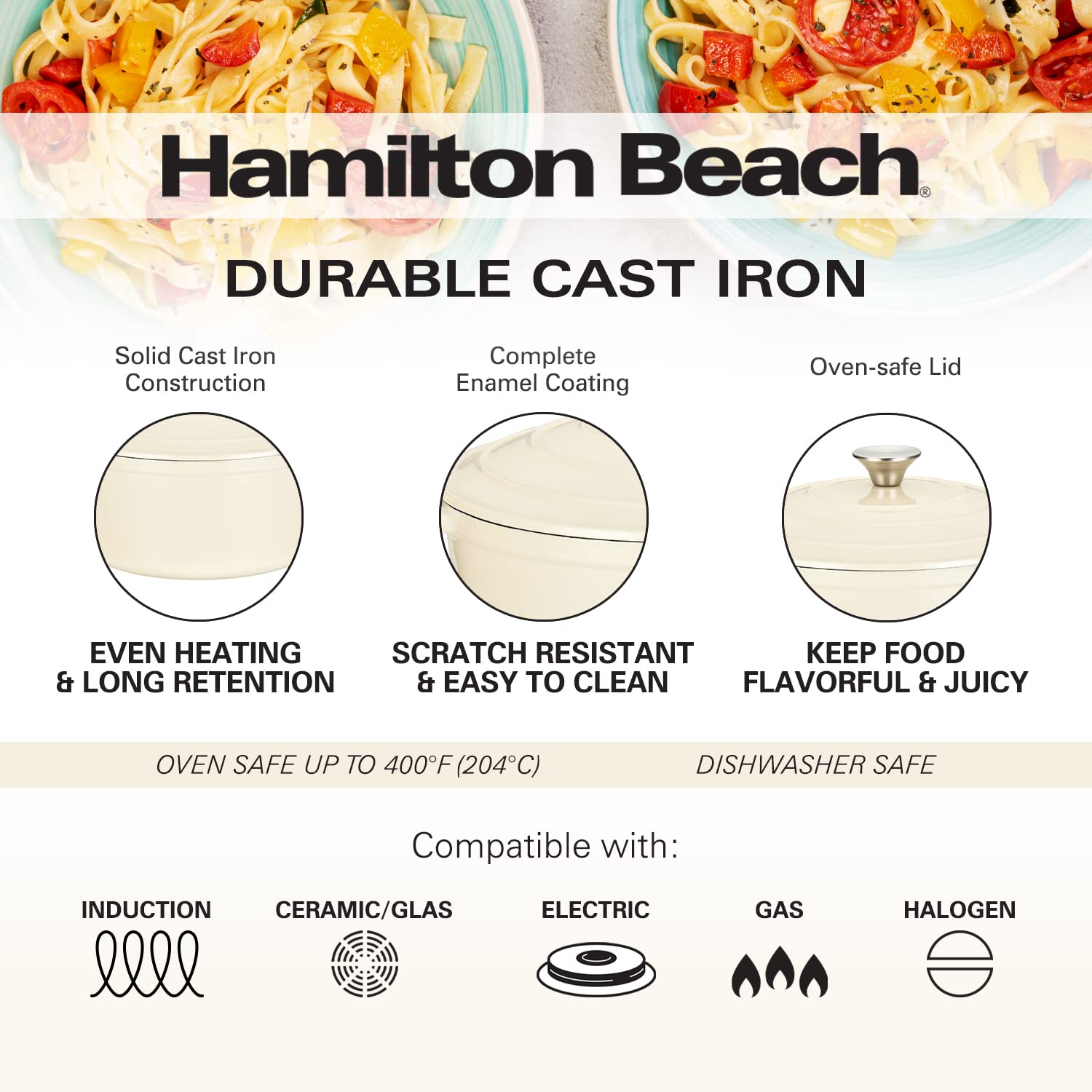 Hamilton Beach Enameled Cast Iron Dutch Oven 5.5-Quart Cream, Cream Enamel Dutch Oven Pot with Lid, Cast Iron Dutch Oven with Even Heat Distribution, Safe Up to 400 Degrees, Durable