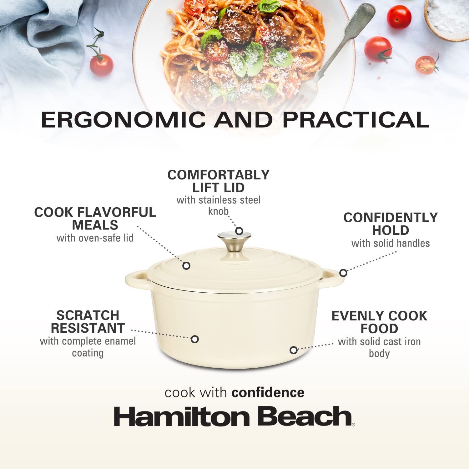 Hamilton Beach Enameled Cast Iron Dutch Oven 5.5-Quart Cream, Cream Enamel Dutch Oven Pot with Lid, Cast Iron Dutch Oven with Even Heat Distribution, Safe Up to 400 Degrees, Durable
