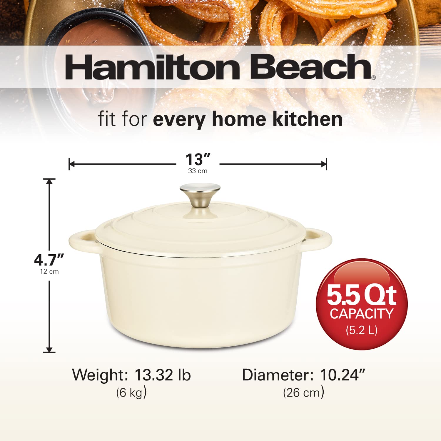 Hamilton Beach Enameled Cast Iron Dutch Oven 5.5-Quart Cream, Cream Enamel Dutch Oven Pot with Lid, Cast Iron Dutch Oven with Even Heat Distribution, Safe Up to 400 Degrees, Durable