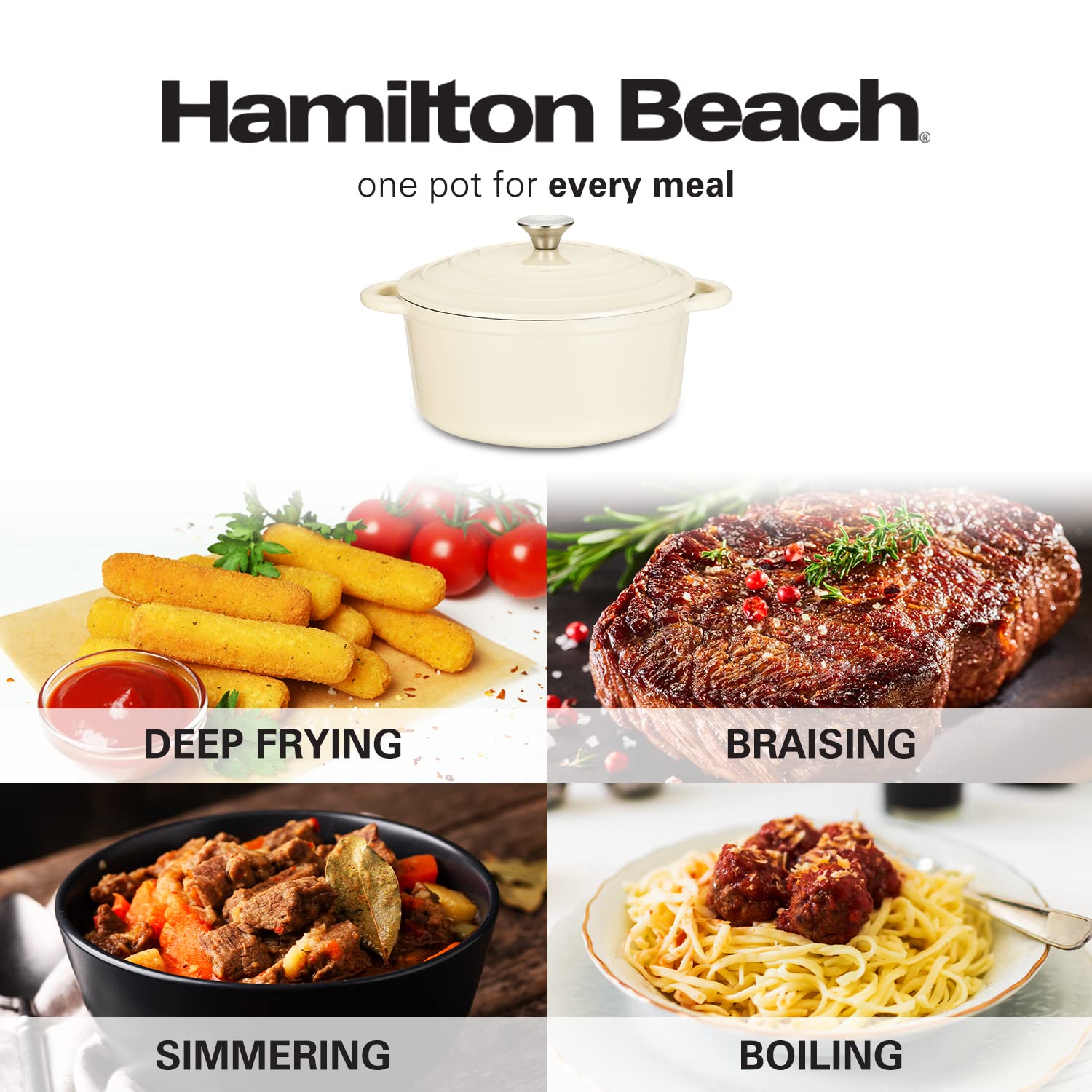 Hamilton Beach Enameled Cast Iron Dutch Oven 5.5-Quart Cream, Cream Enamel Dutch Oven Pot with Lid, Cast Iron Dutch Oven with Even Heat Distribution, Safe Up to 400 Degrees, Durable