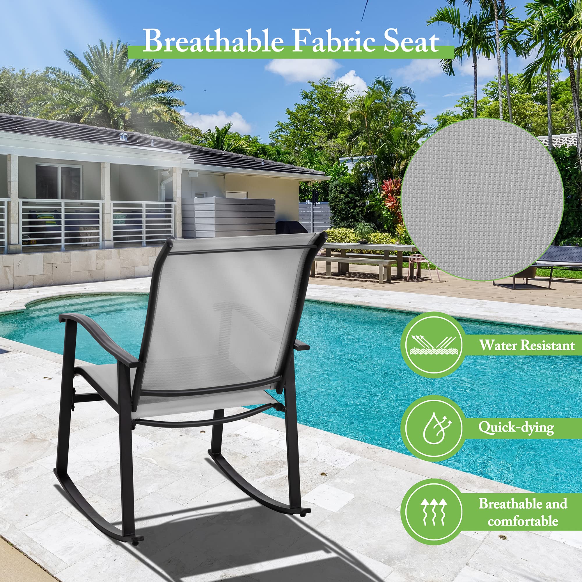 Shintenchi 3 Piece Rocking Bistro Set, Outdoor Furniture with Rocker Chairs and Glass coffee table set of 3, Balcony, Porch Furniture for Small Space, Light Gray