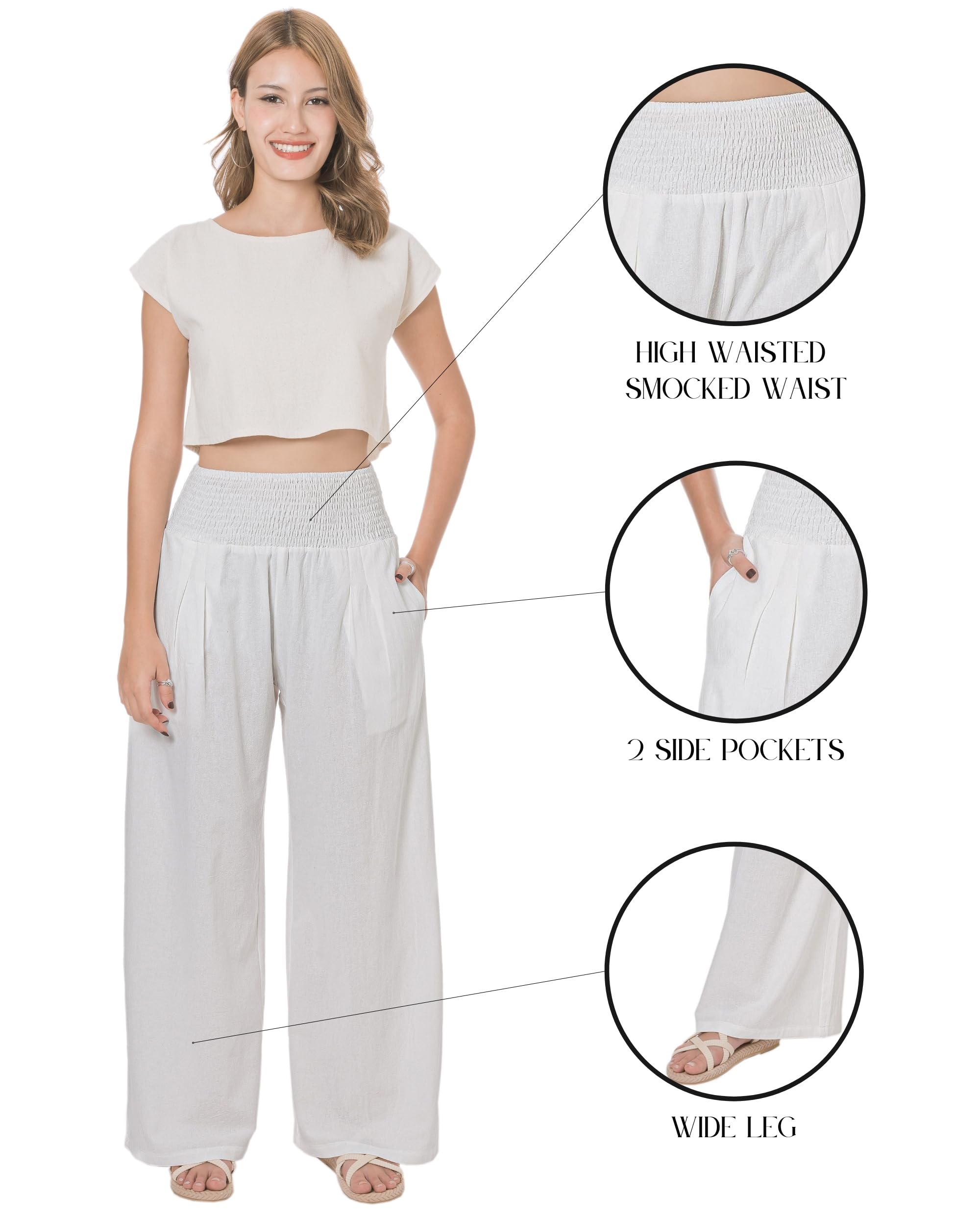 LOFBAZ Women Summer Flowy Cotton Linen Palazzo Wide Leg Pants Beach High Waisted Trousers Boho Long Lounge Pant with Pockets White XL