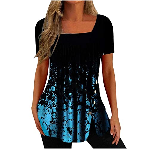 SMIDOW Womens Tunic Tops to Wear with Leggings 2023 Trendy Summer Short Sleeve Square Bohemian Shirts Long t-Shirt with Slit