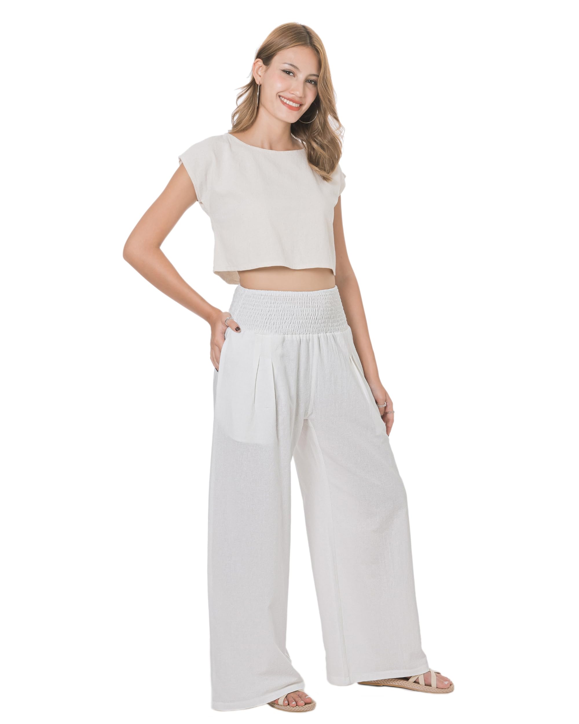 LOFBAZ Women Summer Flowy Cotton Linen Palazzo Wide Leg Pants Beach High Waisted Trousers Boho Long Lounge Pant with Pockets White XL