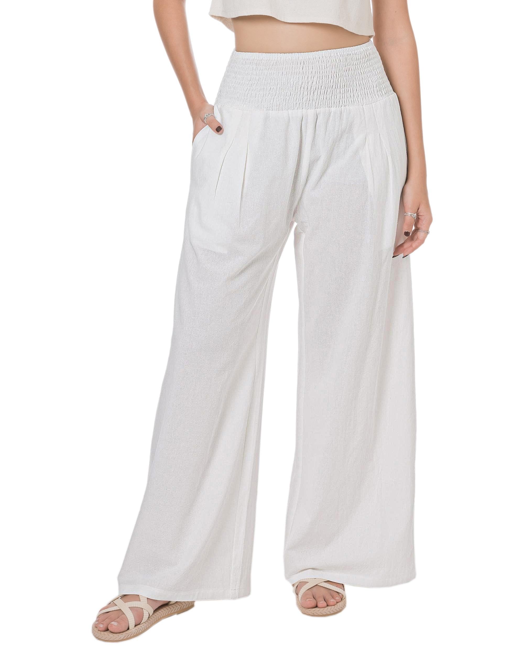 LOFBAZ Women Summer Flowy Cotton Linen Palazzo Wide Leg Pants Beach High Waisted Trousers Boho Long Lounge Pant with Pockets White XL