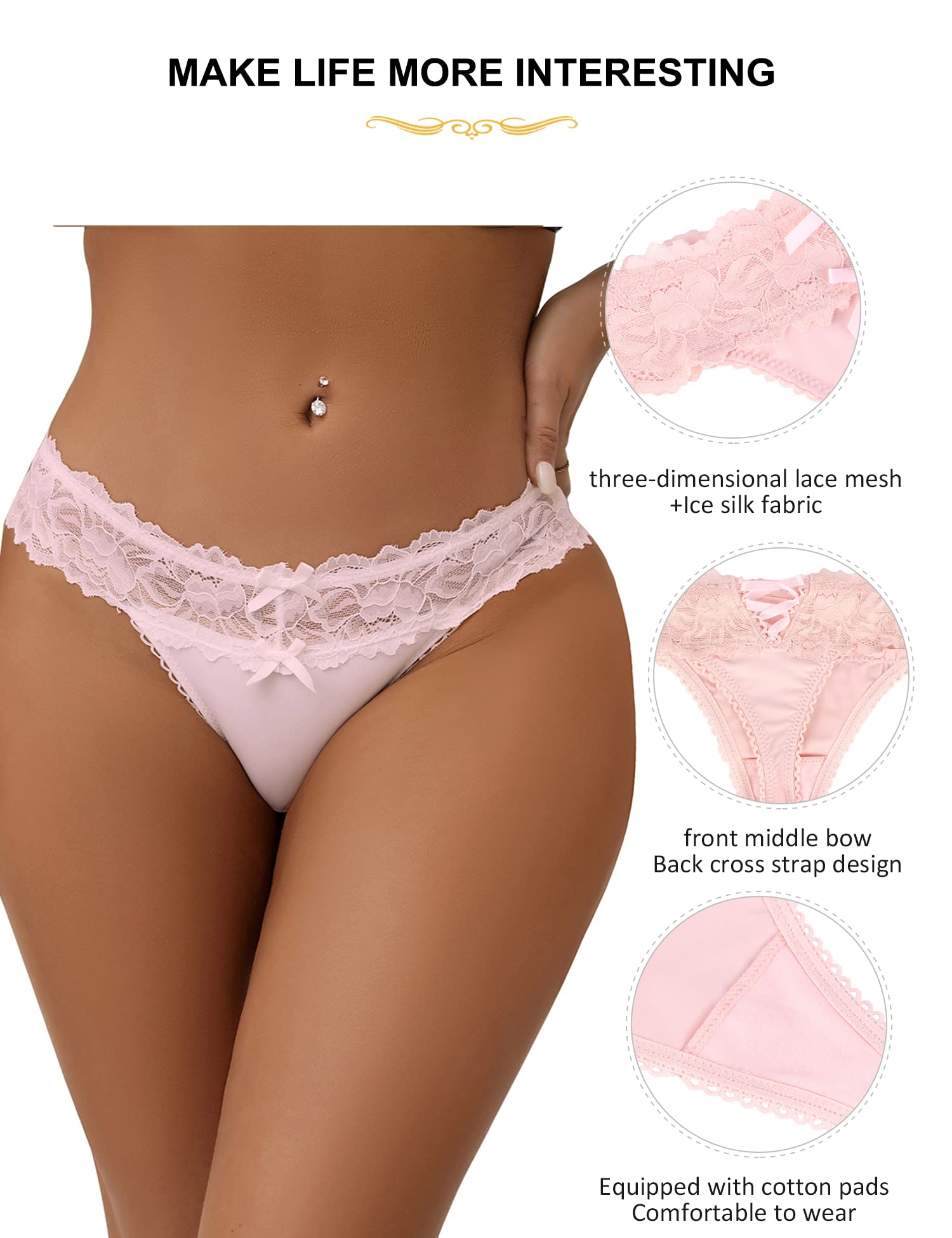 comeondear Sexy Lace Thongs for Women 3 Pack Panties Cheeky Underwear Plus Size G-String Thongs for Women Seamless Floral Briefs