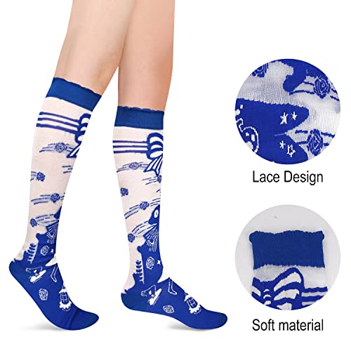 Benefeet Sox Womens Girls Cute Lace Knee High Socks Blue Sheer Mesh Knee High Stockings Transparent See Through Ultra Thin Silk Fancy Silly Cat Patterned Printed Long Stocking Socks, Blue Bow Cat