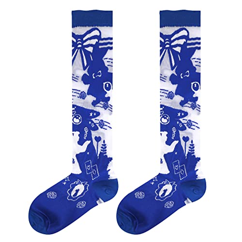 Benefeet Sox Womens Girls Cute Lace Knee High Socks Blue Sheer Mesh Knee High Stockings Transparent See Through Ultra Thin Silk Fancy Silly Cat Patterned Printed Long Stocking Socks, Blue Bow Cat