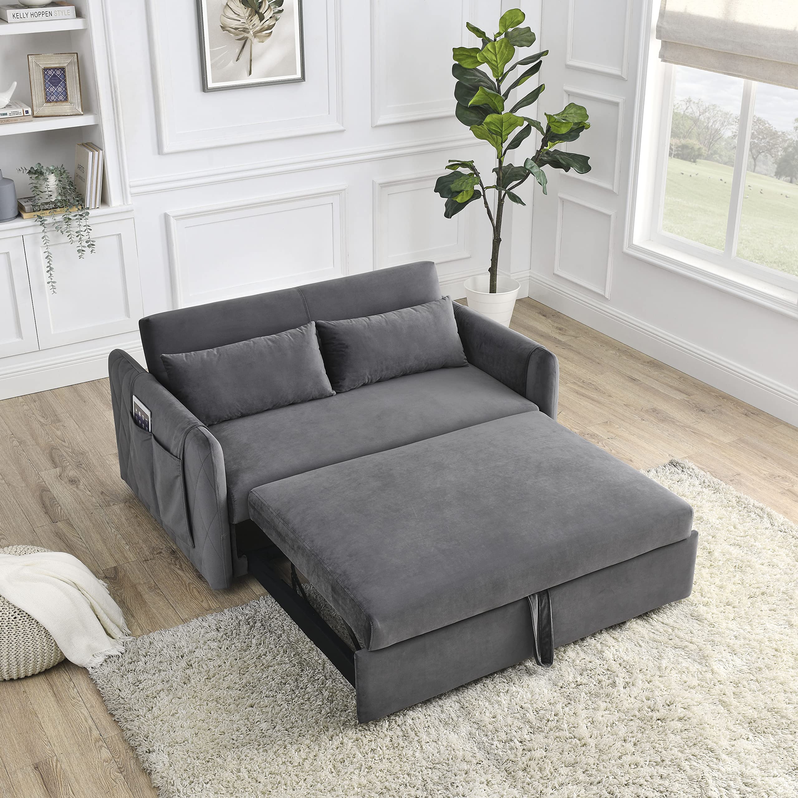Ucloveria Sleeper, Pull Bed with 2 Detachable Arm Pockets, Adjustable Velvet Loveseat Futon Couch for Living Room Bedroom, 55" 2-Seater Lounge Sofa, Classic Grey