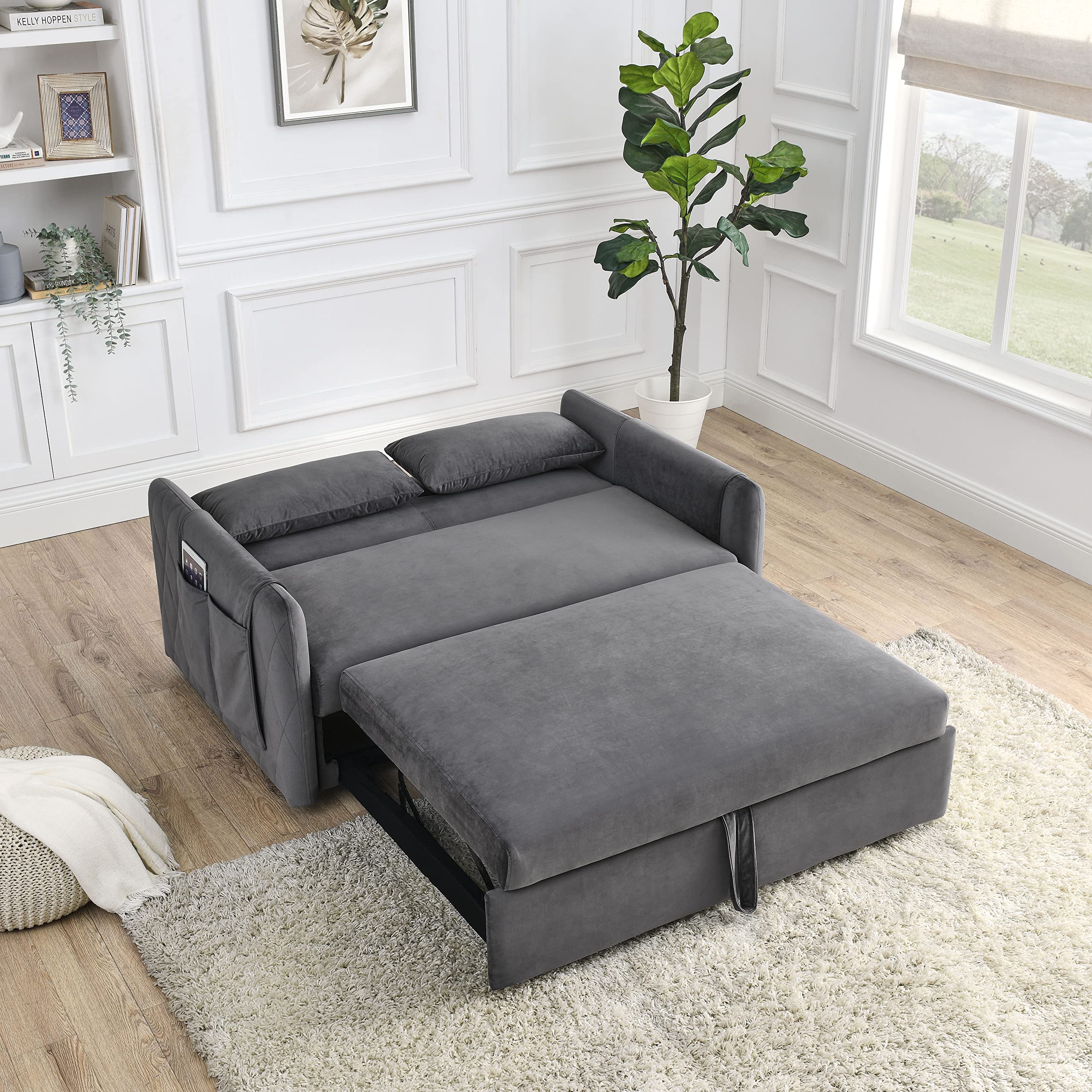 Ucloveria Sleeper, Pull Bed with 2 Detachable Arm Pockets, Adjustable Velvet Loveseat Futon Couch for Living Room Bedroom, 55" 2-Seater Lounge Sofa, Classic Grey