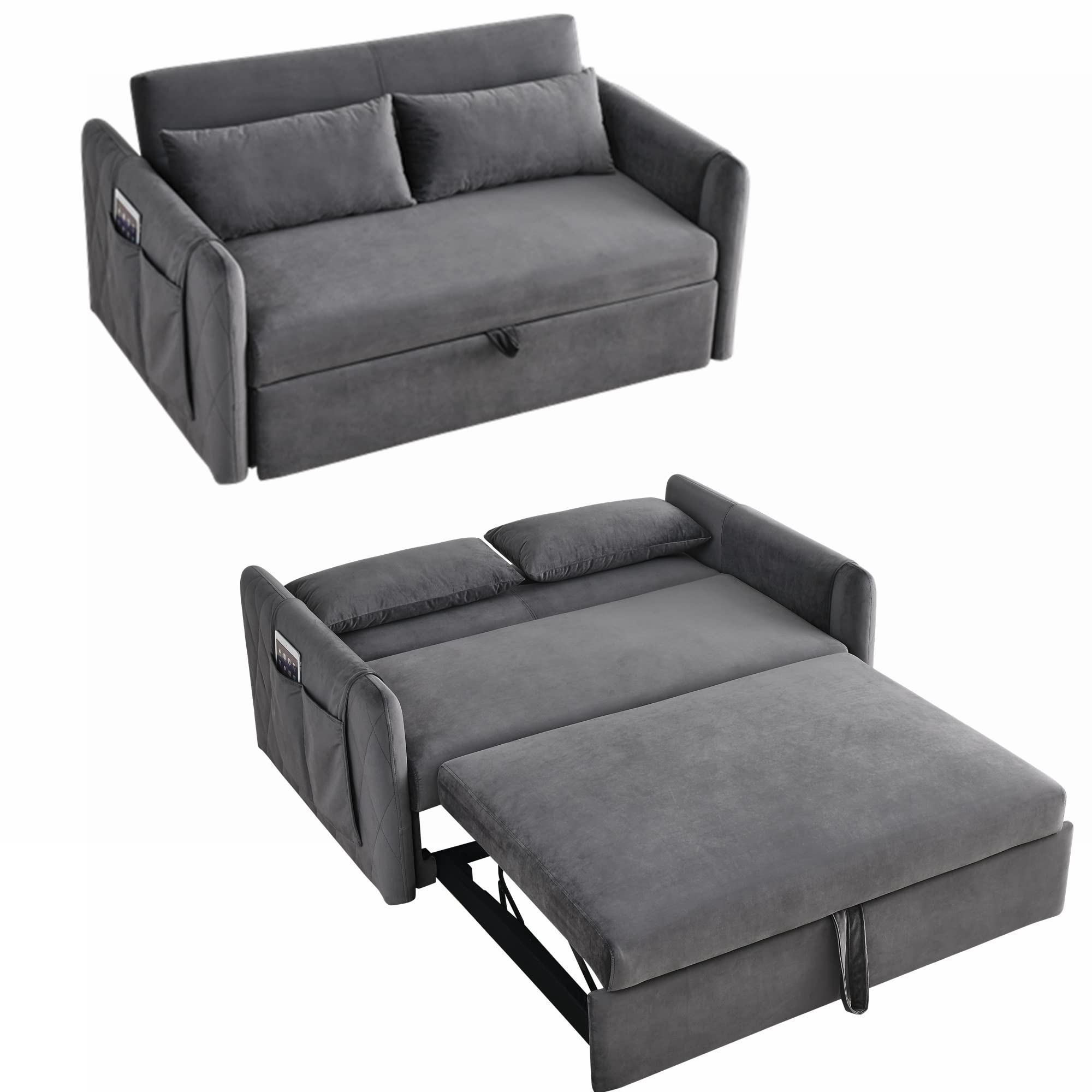 Ucloveria Sleeper, Pull Bed with 2 Detachable Arm Pockets, Adjustable Velvet Loveseat Futon Couch for Living Room Bedroom, 55" 2-Seater Lounge Sofa, Classic Grey