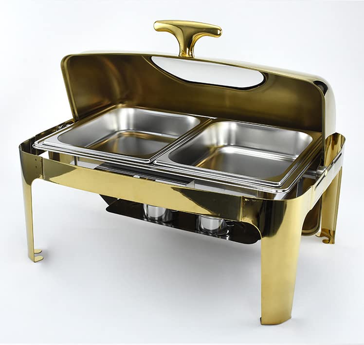 HONHPD Roll Top Chafing Dish Buffet Set, 9 QT Stainless Steel Chafing Server Set for Catering Commercial Chafers Buffet Warmer for Parties, Wedding, Banquet, Events (2 Half-Size), Gold