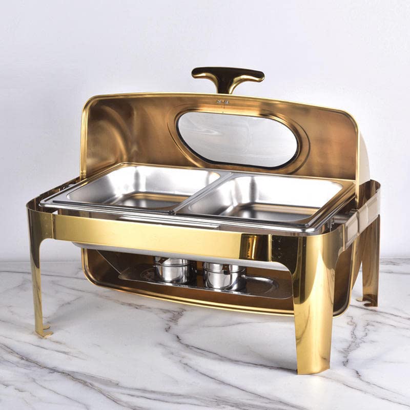 HONHPD Roll Top Chafing Dish Buffet Set, 9 QT Stainless Steel Chafing Server Set for Catering Commercial Chafers Buffet Warmer for Parties, Wedding, Banquet, Events (2 Half-Size), Gold