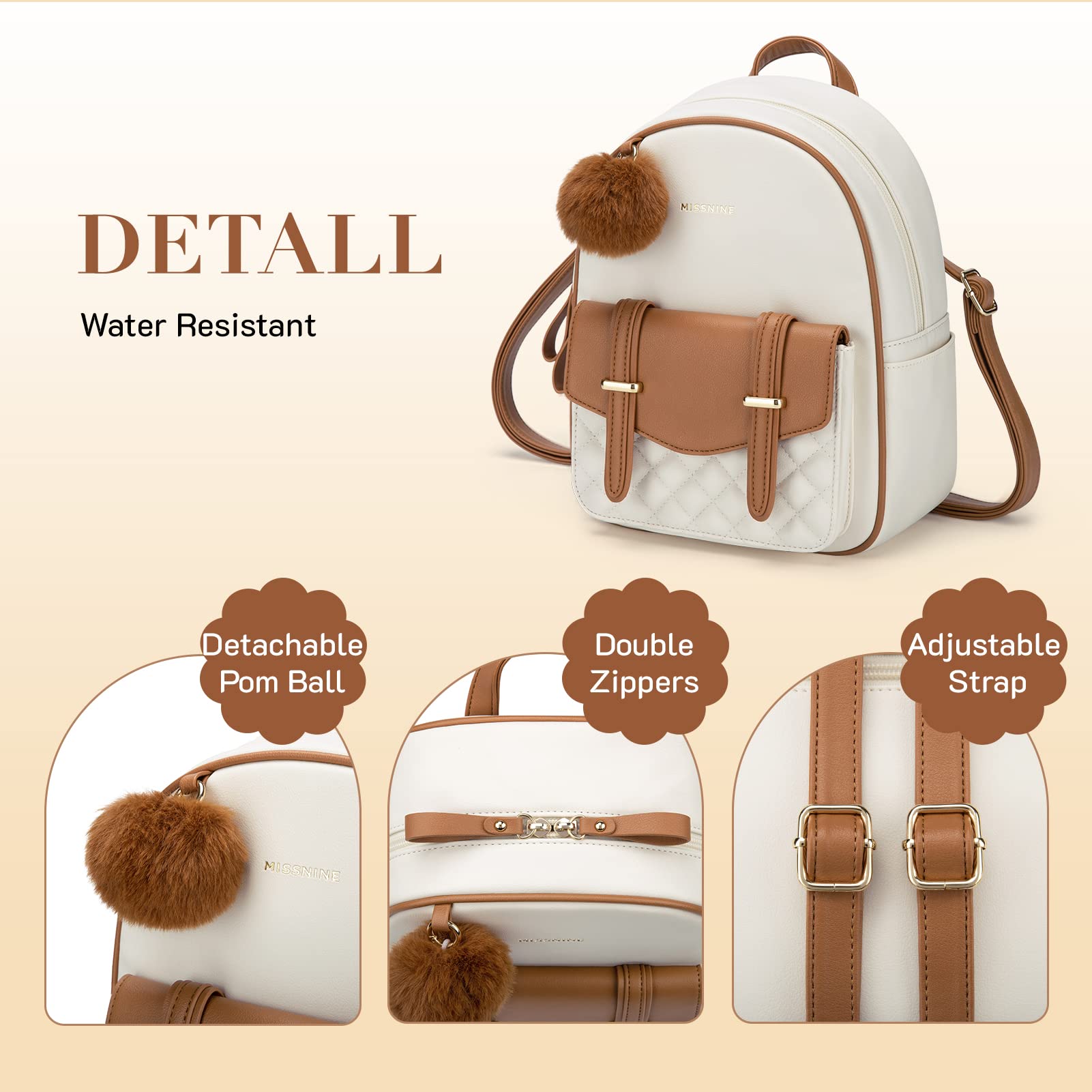 Missnine Mini Backpack for Women Cute Small Backpack Purse With Pompom PU Leather Bookbag Small Casual Daypacks For Ladies