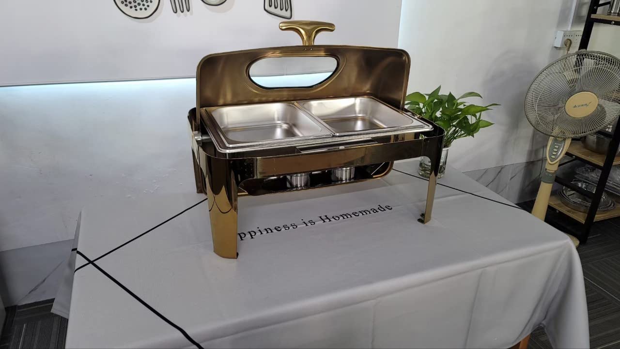 HONHPD Roll Top Chafing Dish Buffet Set, 9 QT Stainless Steel Chafing Server Set for Catering Commercial Chafers Buffet Warmer for Parties, Wedding, Banquet, Events (2 Half-Size), Gold