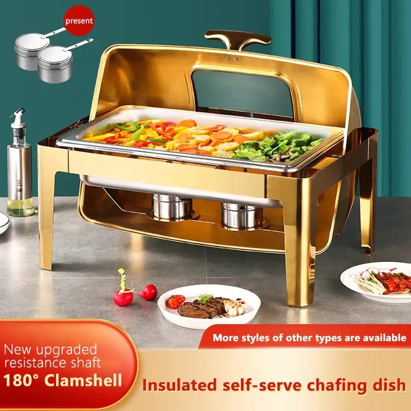 HONHPD Roll Top Chafing Dish Buffet Set, 9 QT Stainless Steel Chafing Server Set for Catering Commercial Chafers Buffet Warmer for Parties, Wedding, Banquet, Events (2 Half-Size), Gold