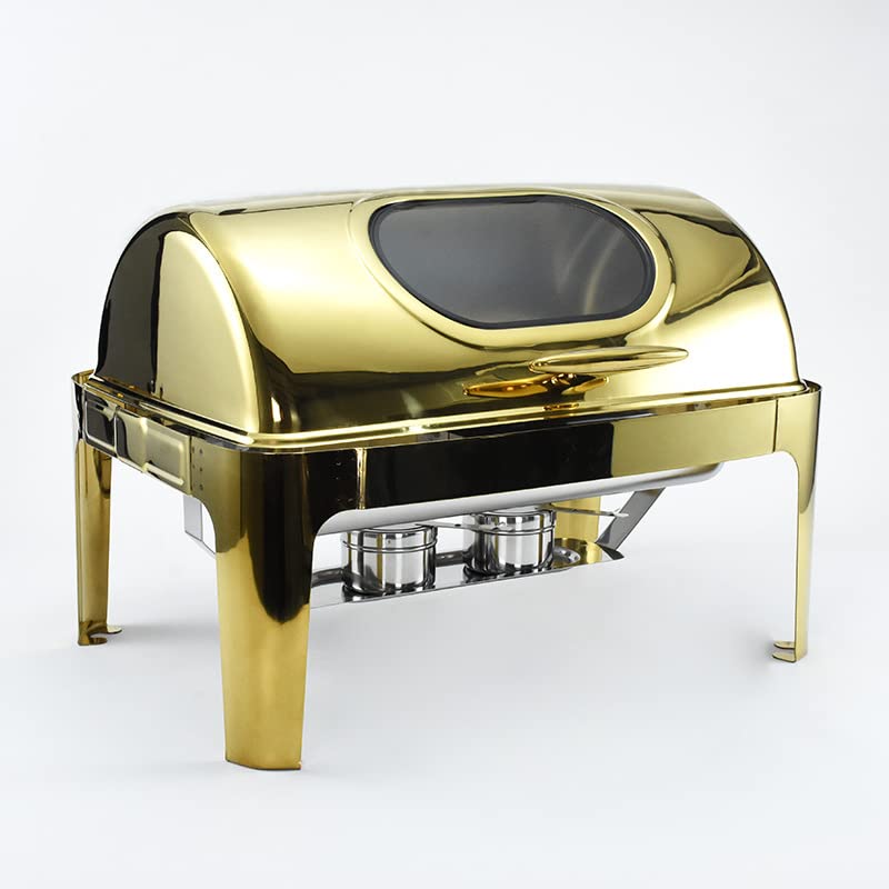 HONHPD Roll Top Chafing Dish Buffet Set, 9 QT Stainless Steel Chafing Server Set for Catering Commercial Chafers Buffet Warmer for Parties, Wedding, Banquet, Events (2 Half-Size), Gold