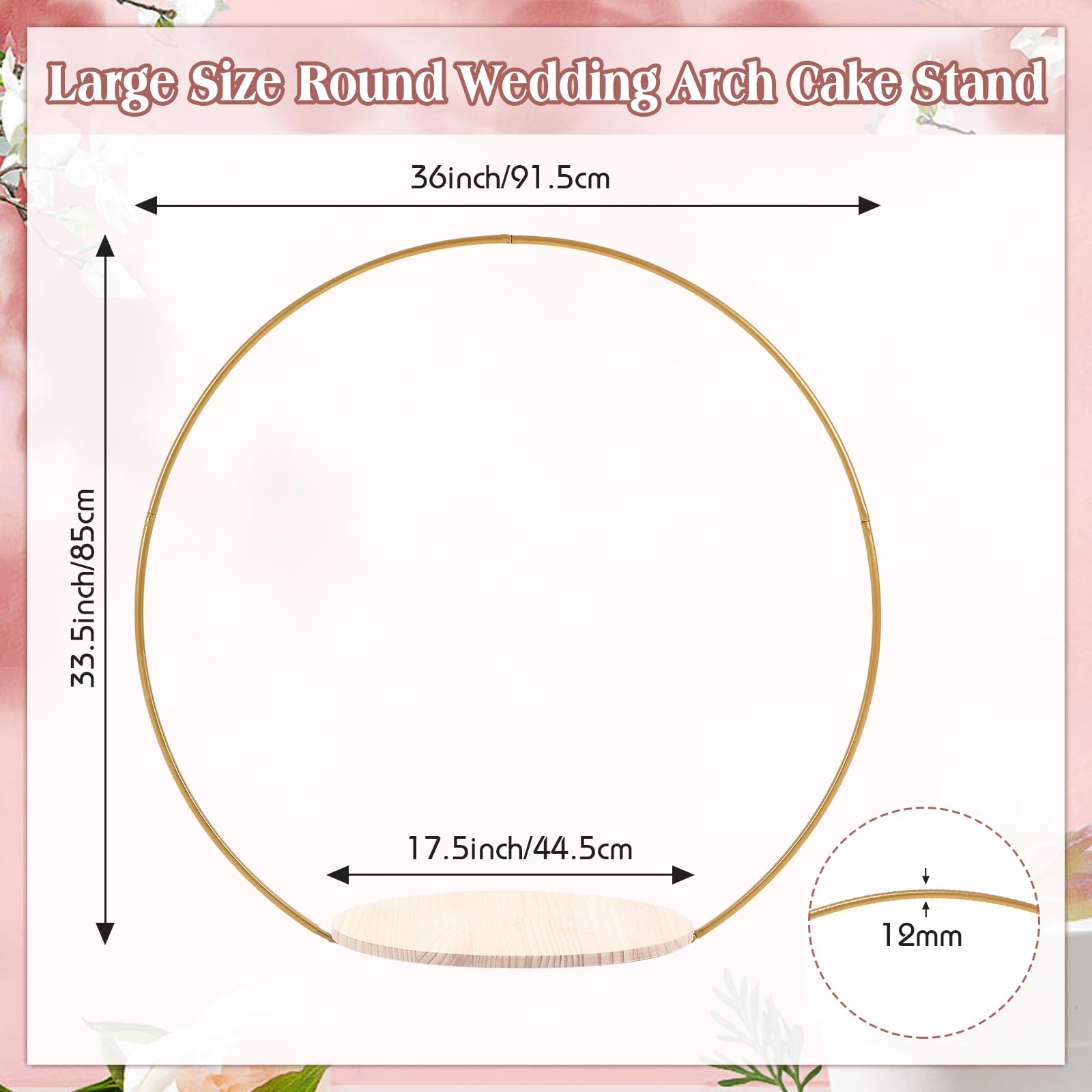Norme 33.5 Tall Wedding Arch Cake Stand Round Metal Cake Stand for Wedding Reception Hoop Decoration with Wooden Base Floral Decoration Display for Party Events Reception Supplies