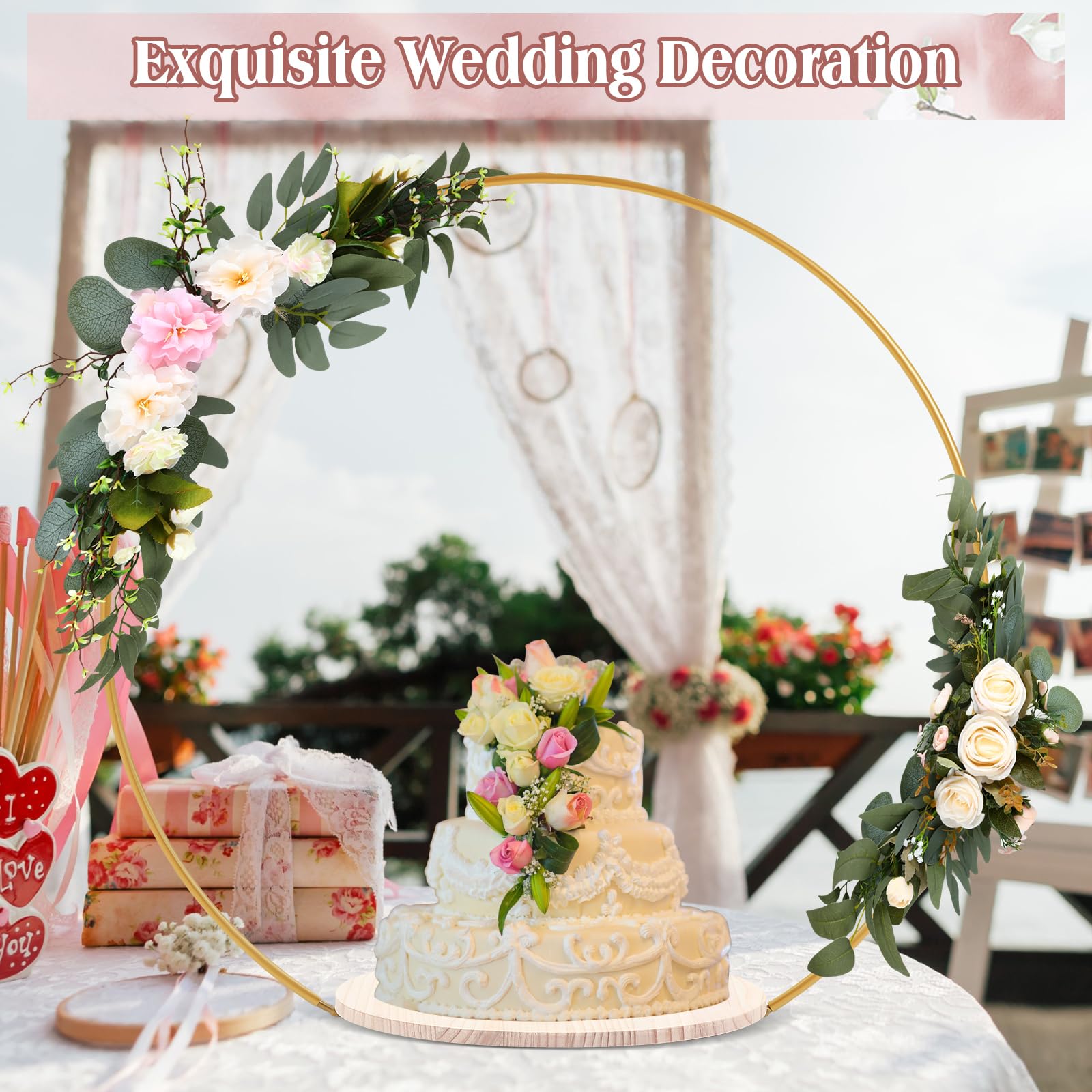 Norme 33.5 Tall Wedding Arch Cake Stand Round Metal Cake Stand for Wedding Reception Hoop Decoration with Wooden Base Floral Decoration Display for Party Events Reception Supplies