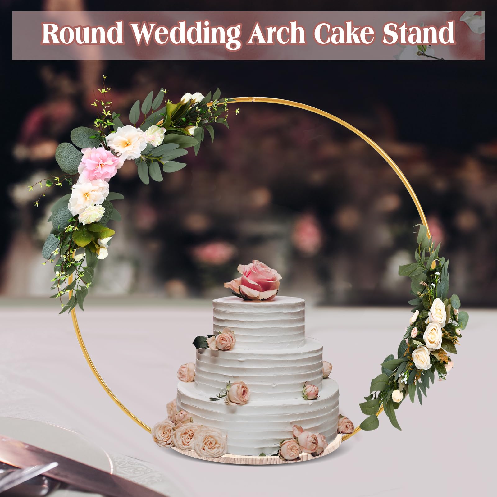 Norme 33.5 Tall Wedding Arch Cake Stand Round Metal Cake Stand for Wedding Reception Hoop Decoration with Wooden Base Floral Decoration Display for Party Events Reception Supplies