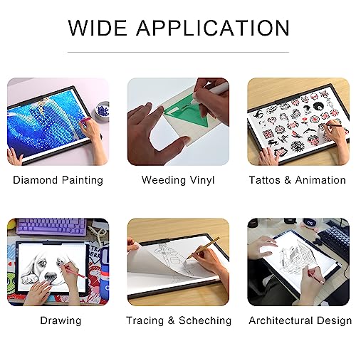 ANALOI A4 Light Box, LED Light Tracing Pad Rechargeable, Portable Light Copy Board for Diamond Art Painting, 6 Levels Stepless Dimming Drawing Tracking Light Pad, Artistic Design Sketching