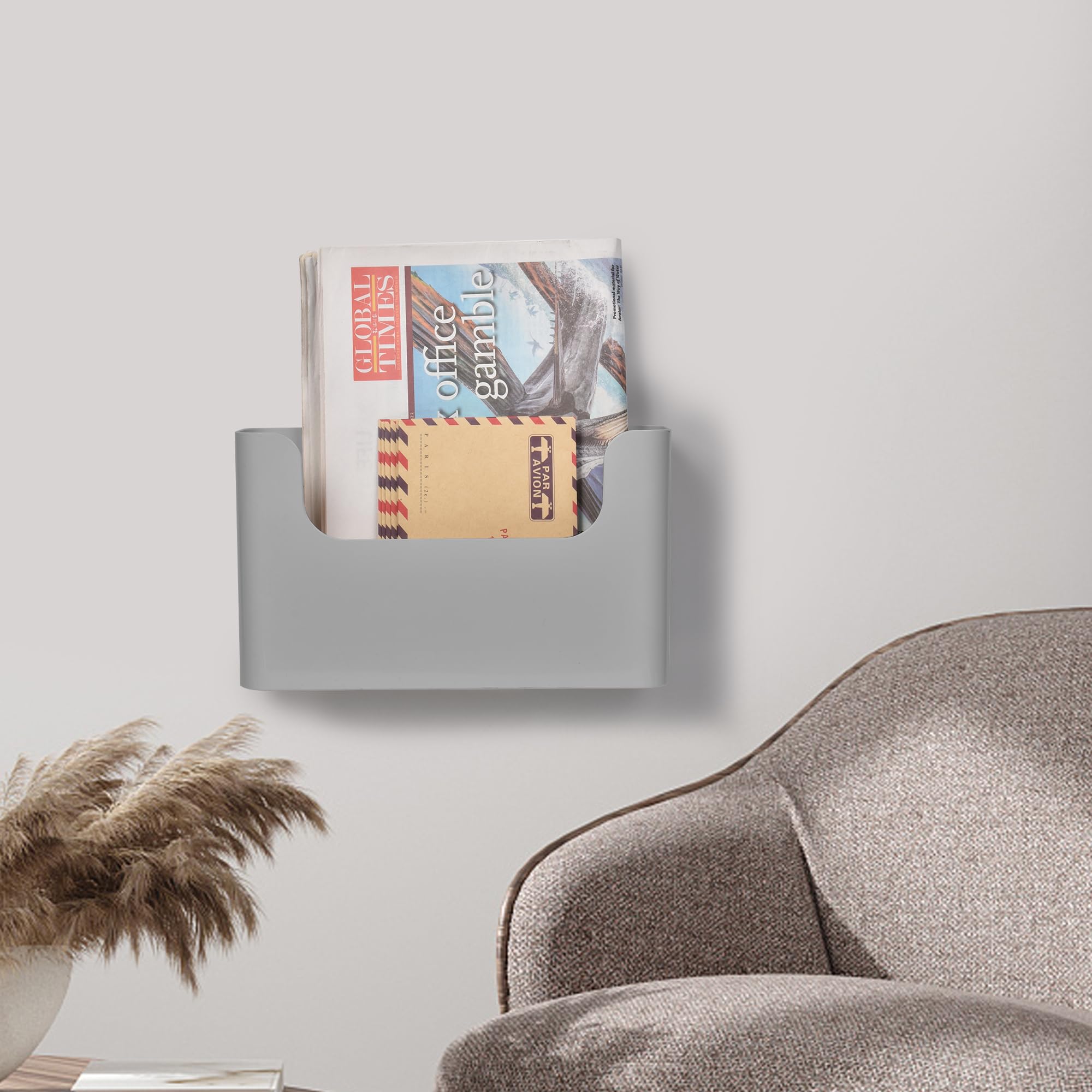 JOMOLA No Drilling File Holder Mail Organizer Wall Mount File Organizer Holder Office Wall Hanging Files Magazines Organizer Plastic Door Mount Wall Pocket Organizer with Adhesive Pad, Gray (1 Count)