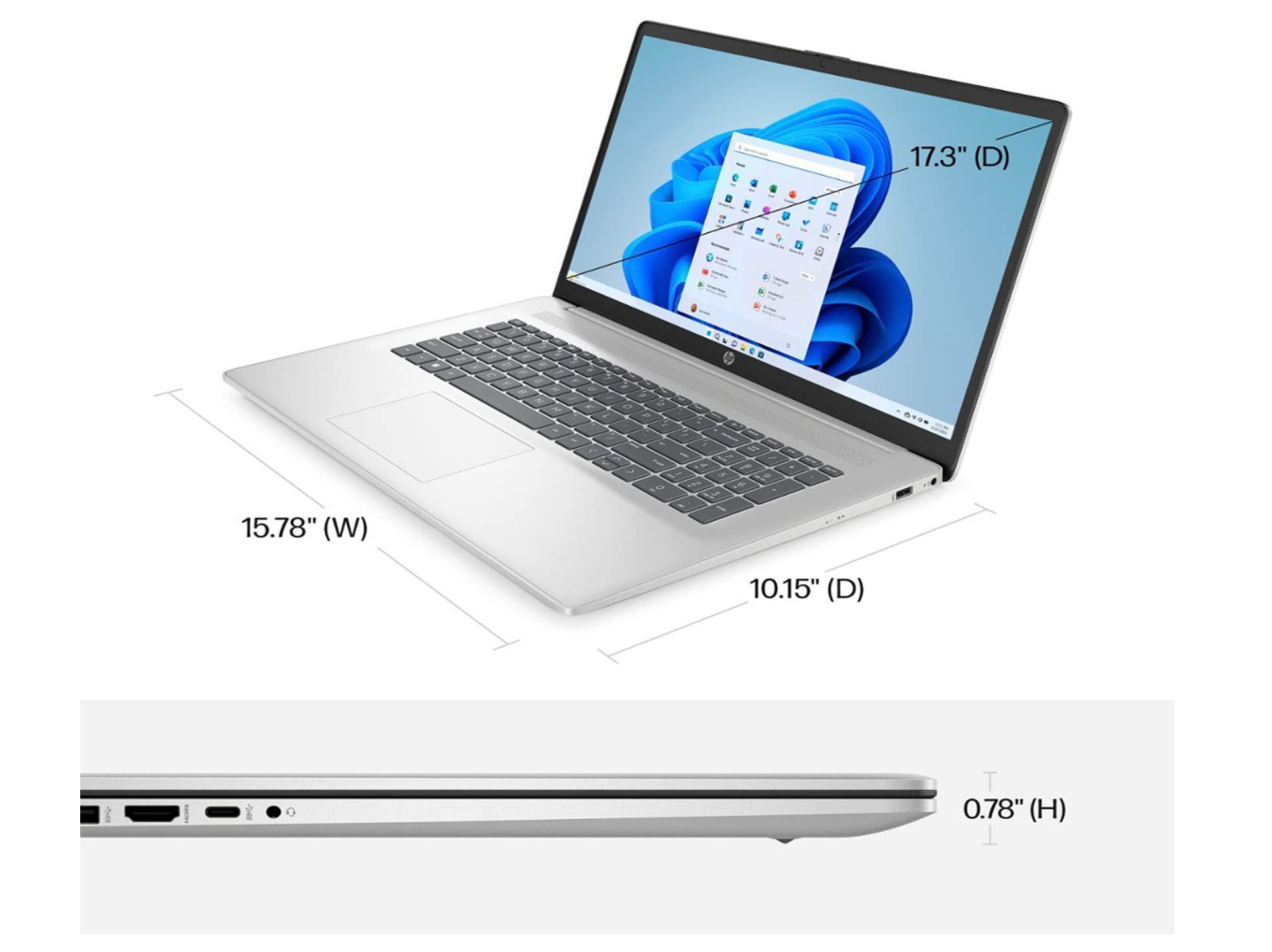 HP 17 HD+ Laptop, 2023 Upgrade, Intel Core i3-1125G4 (Quad-core), 64GB RAM, 1TB SSD, Webcam, Wi-Fi, HDMI, USB-C, Fast Charge,Bluetooth, Windows 11, School and Business Ready, ROKC HDMI Cable