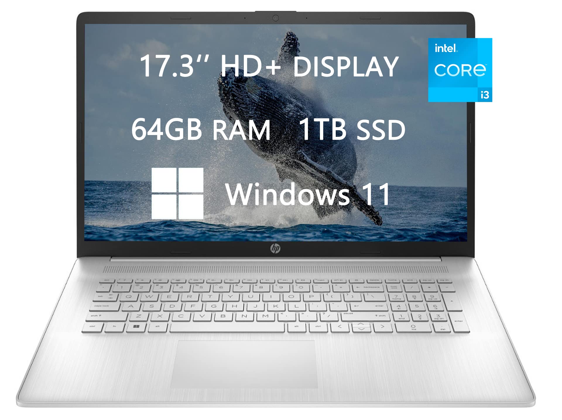 HP 17 HD+ Laptop, 2023 Upgrade, Intel Core i3-1125G4 (Quad-core), 64GB RAM, 1TB SSD, Webcam, Wi-Fi, HDMI, USB-C, Fast Charge,Bluetooth, Windows 11, School and Business Ready, ROKC HDMI Cable