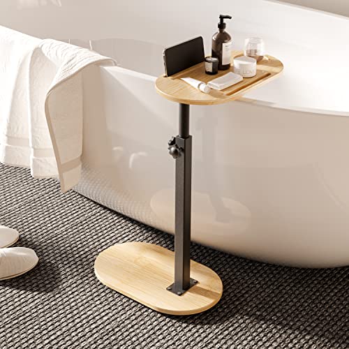 Ackitry Bamboo Bathtub Tray Table with 17-32 inch Adjustable Height, Liftable Freestanding Bath Caddy Tray for Tub Against Wall, Bathtub Side Table Shelf for Luxury Bath Home Spa Bathtub Accessories