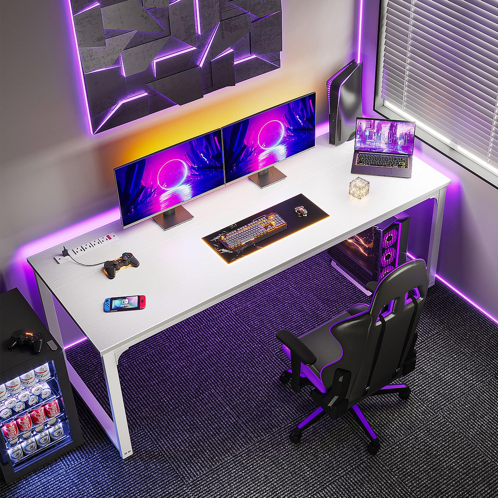 Coleshome 72 Inch Computer Desk with USB Ports, Large Office Desk, Long Study Student Writing Desk, White Marble
