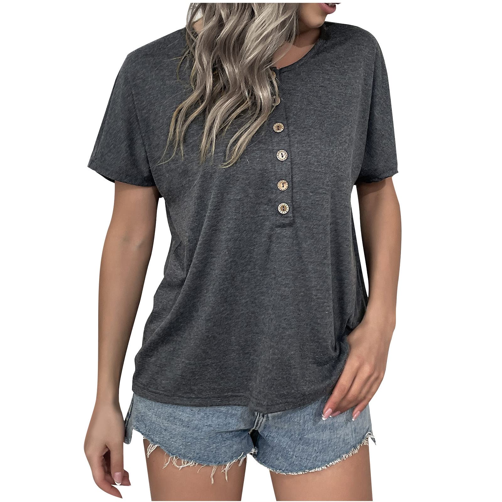 DASAYO Womens Casual Button Tee Top Loose Solid Soft Comfy T Shirts Trendy Summer Cute Going Out Plain Tunics Blouses Tops Lightning Deal