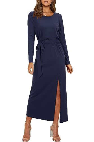 ULTRANICE 2023 Long Sleeve Dress for Women Navy Casual Fall Winter Slit Maxi Dresses(Navy,L)