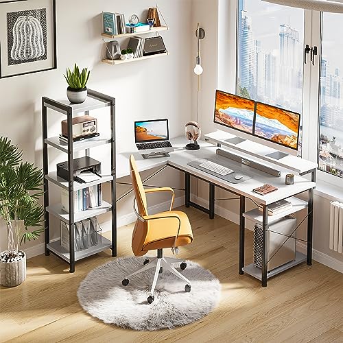 ODK L Shaped Desk with Monitor Stand, 54 Inch Home Office Desks with Storage Printer Shelves, Reversible Corner Gaming Desk with Bookshelf for Bedroom, White
