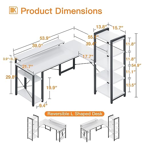 ODK L Shaped Desk with Monitor Stand, 54 Inch Home Office Desks with Storage Printer Shelves, Reversible Corner Gaming Desk with Bookshelf for Bedroom, White